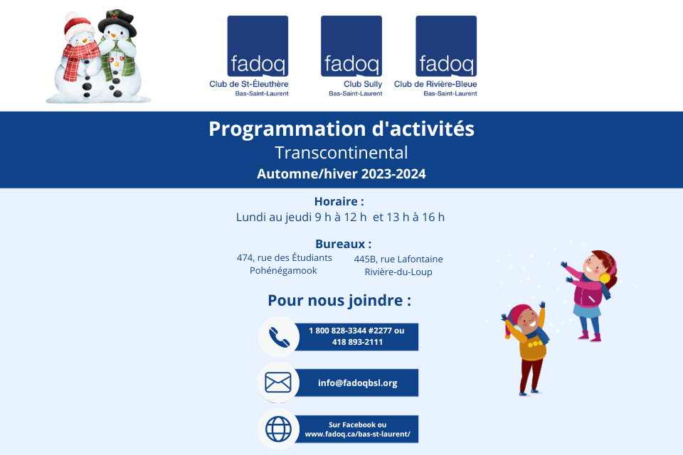 Programmation des activités des clubs FADOQ du Transcontinental ...